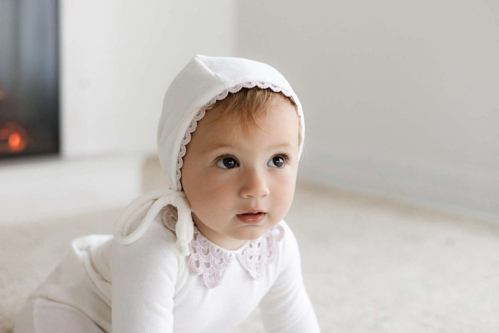 Scalloped Collar Footie - White/Lavender – Citrine Layette Couture