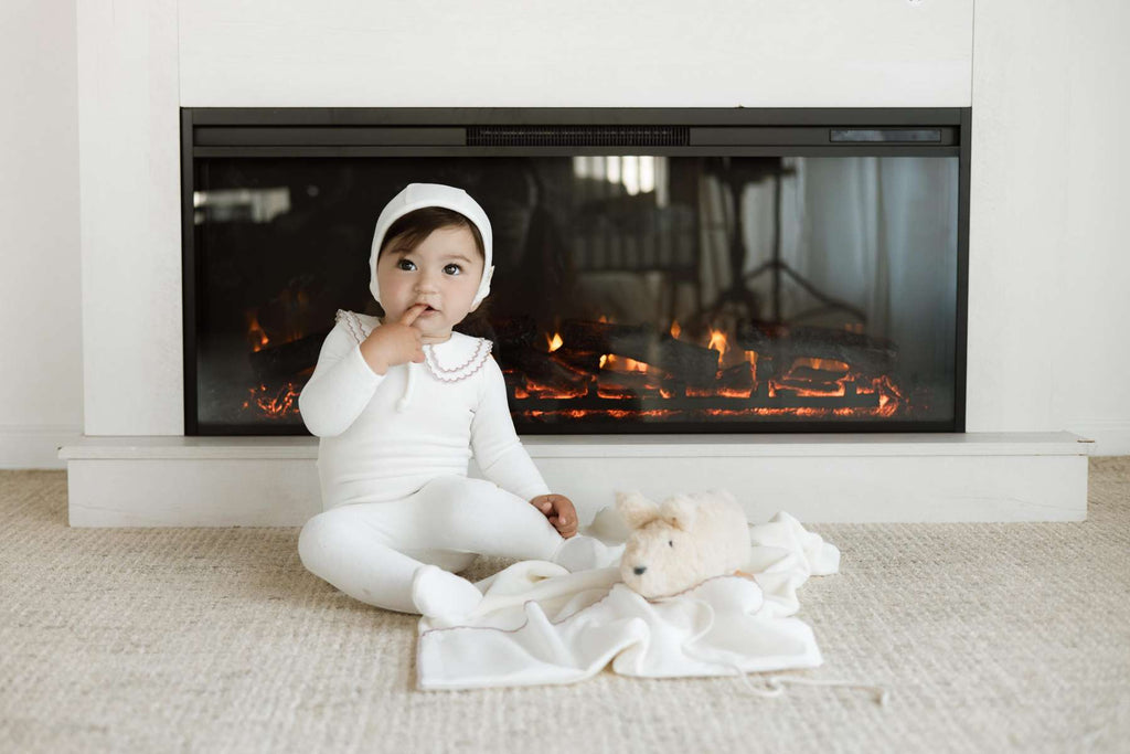 Double Embroidery Footie - Warm White/Lavender – Citrine Layette Couture
