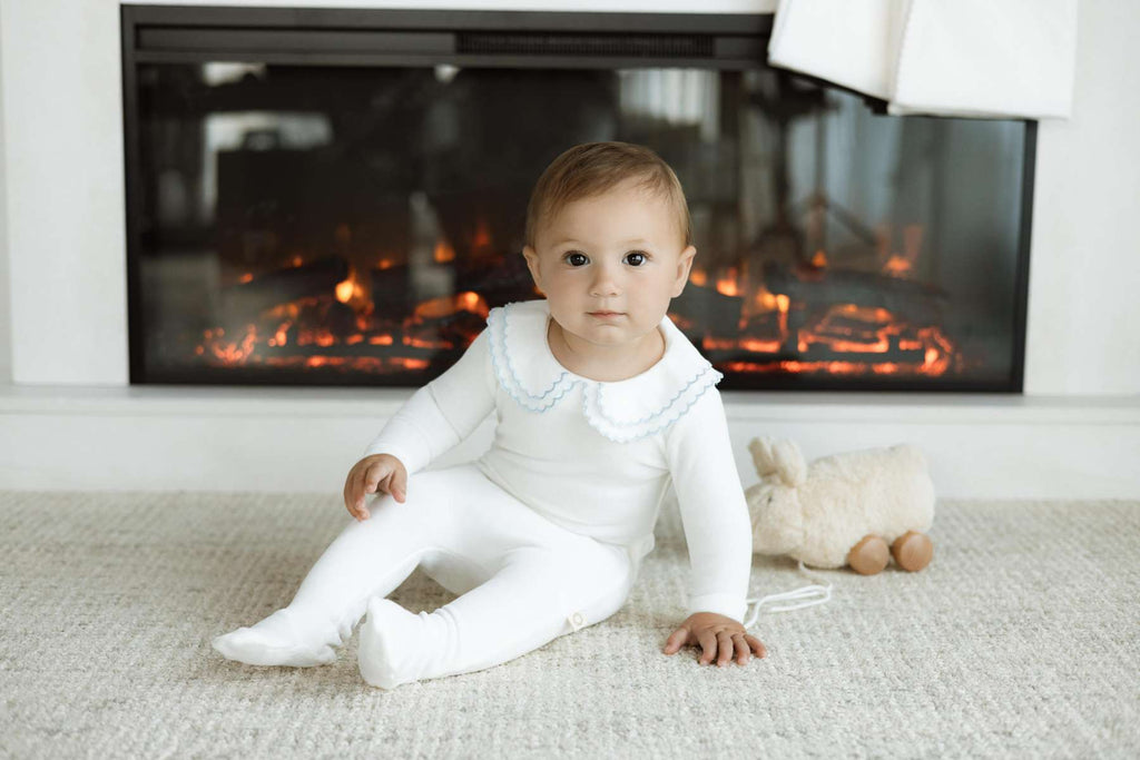 Double Embroidery Footie - Warm White/Blue – Citrine Layette Couture