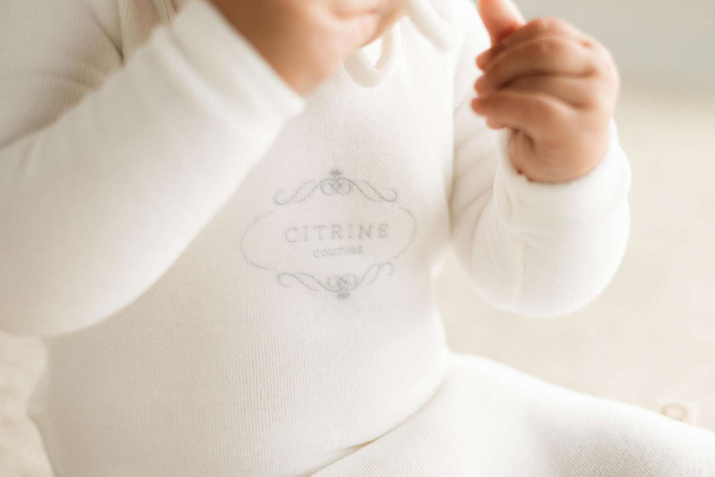 Citrine Frame Footie - White/Cloud Blue – Citrine Layette Couture