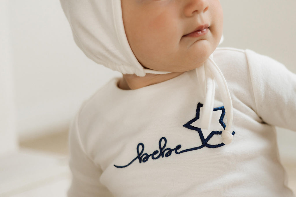 Heart Typography Footie - White/Blue – Citrine Layette Couture