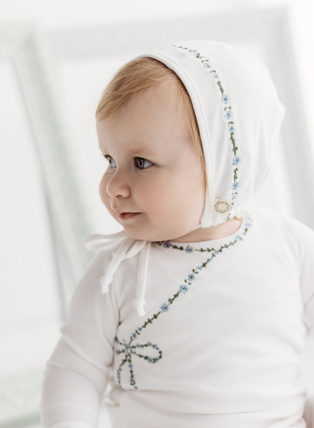 Mock Wrap Embroidery Footie - White/Light Blue – Citrine Layette Couture