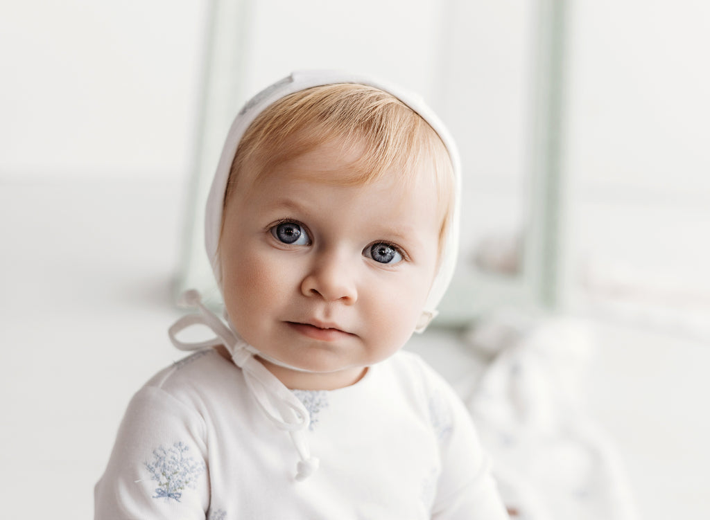 Baby's Breath Footie - White/Light Blue – Citrine Layette Couture