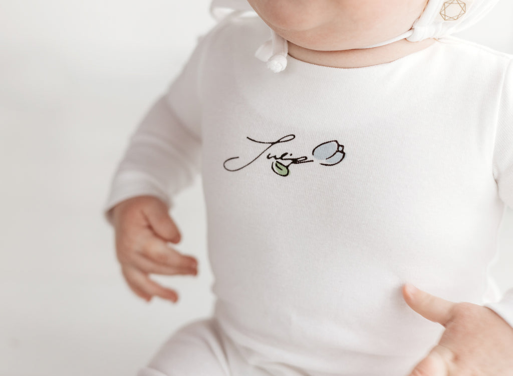 Elegant Tulip Footie - Vintage Blue/White – Citrine Layette Couture
